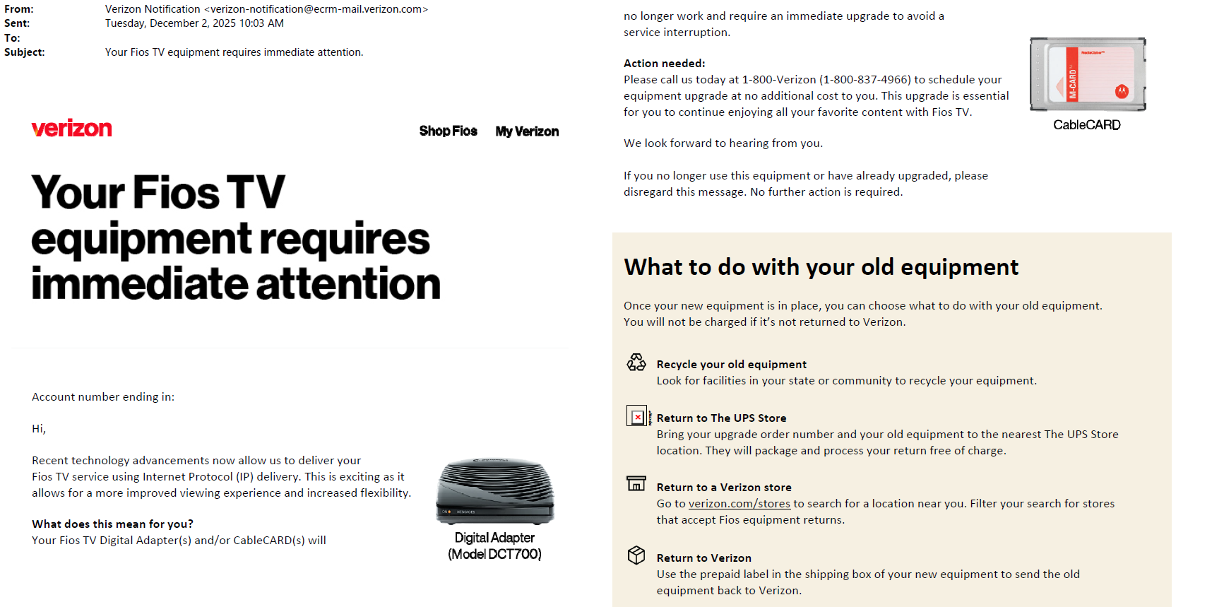 "Your Fios TV equipment requires immediate attention" email: Page 2 ...
